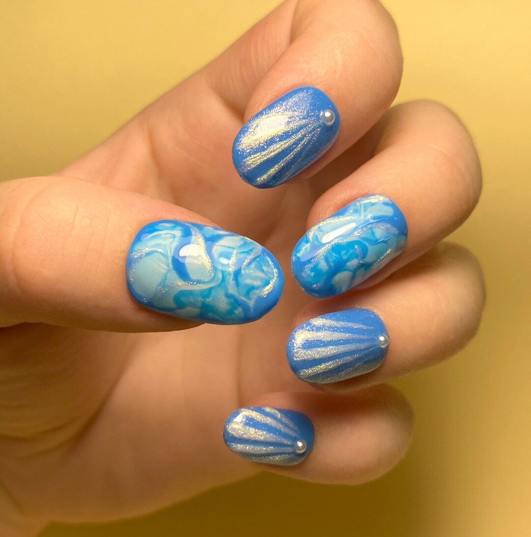 Water Sea Shell Pearls Press on Nails - Summer Vibe Nails - Party Nails ...