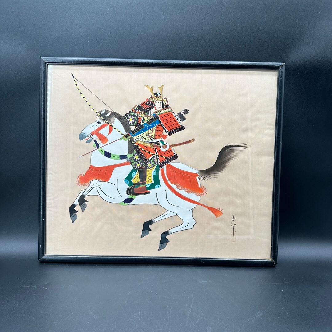 Vintage Framed and Signed Korean Samurai Warrior on White Horse on Silk ...