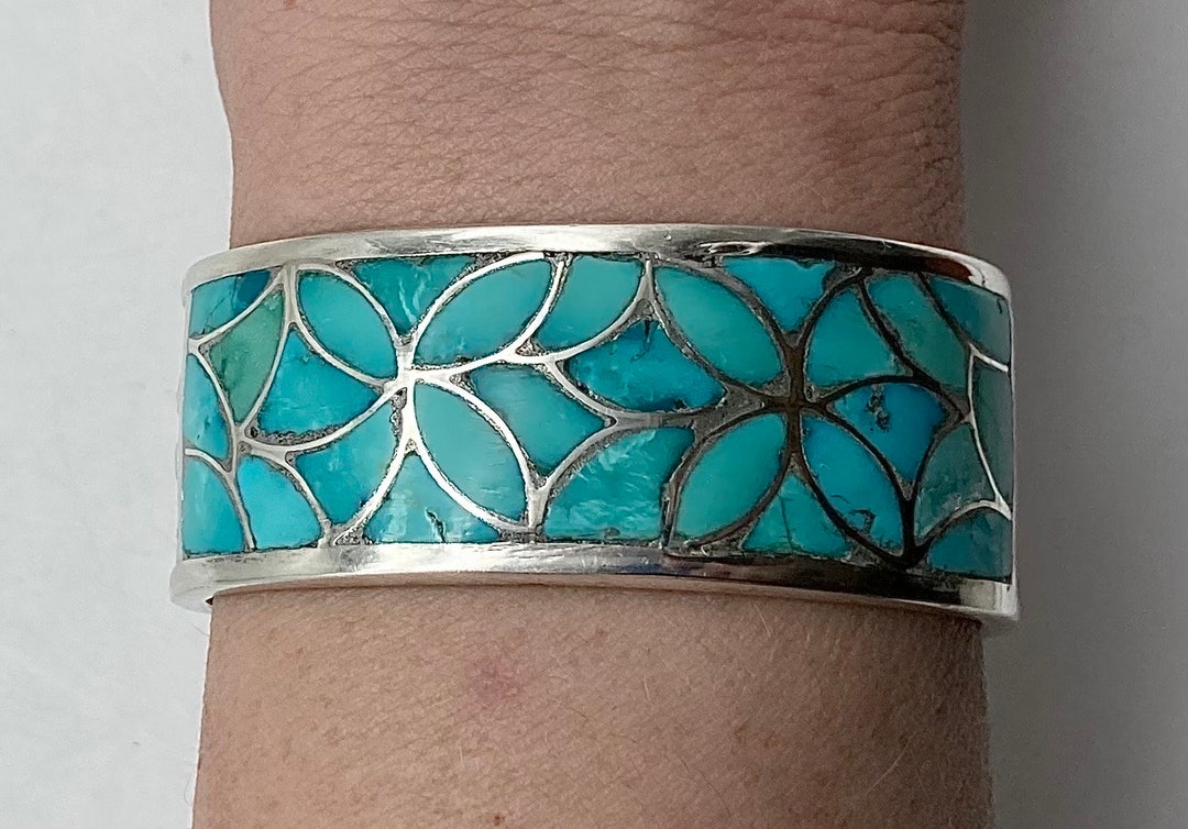Zuni Handmade Sterling Silver Cuff Bracelet With Turquoise Inlay / Fish ...