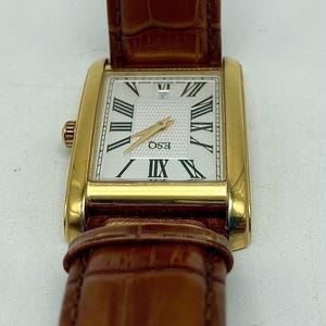 ESQ by Movado Brown Leather Wrist Watch With Gold Toned Stainless Steel ...