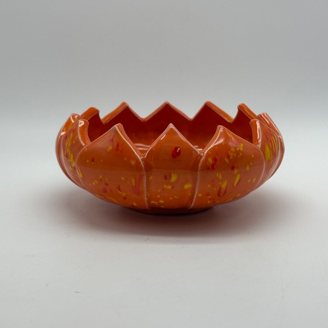 Signed YW Orange Ceramic Art Spiky Candy Bowl With Red Yellow Splatter ...