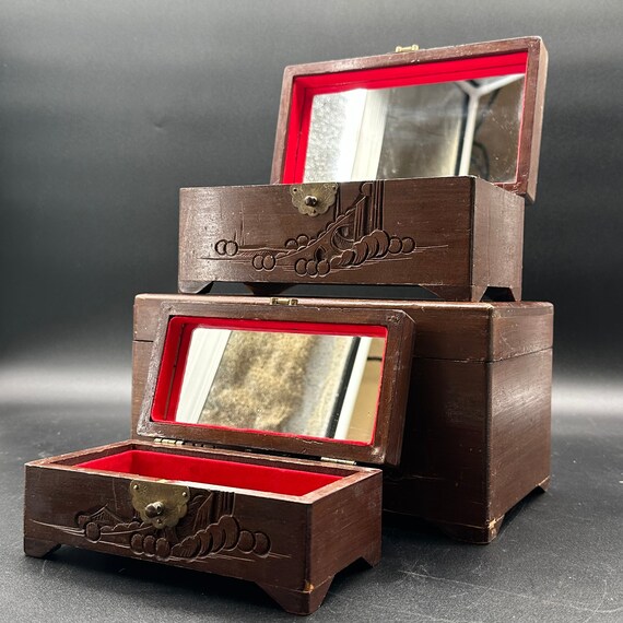 Vintage Asian Wooden Carved Nesting Boxes / Set of 3 … - Gem