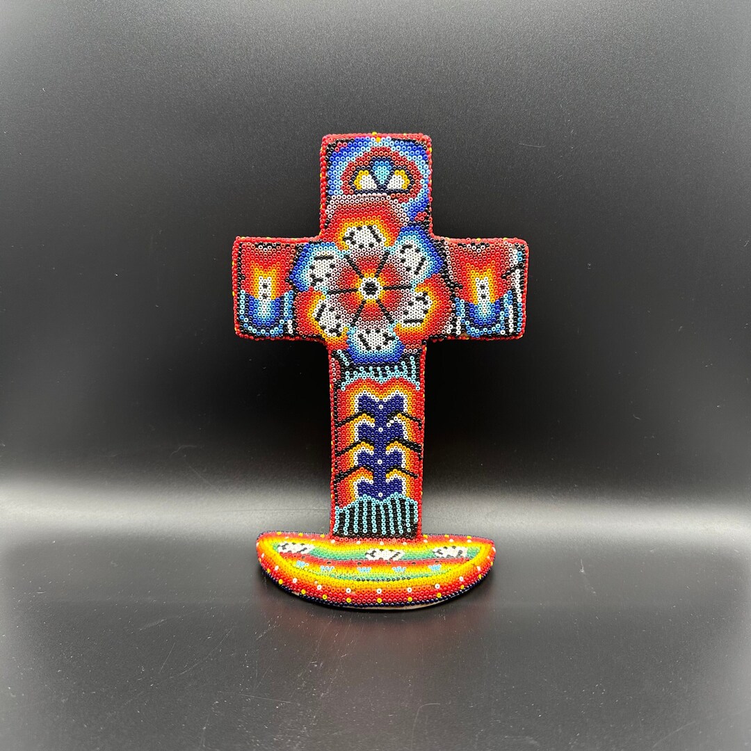 Ceramic Cross Sculpture With Huichol Hand Beaded Pattern / Huichol ...