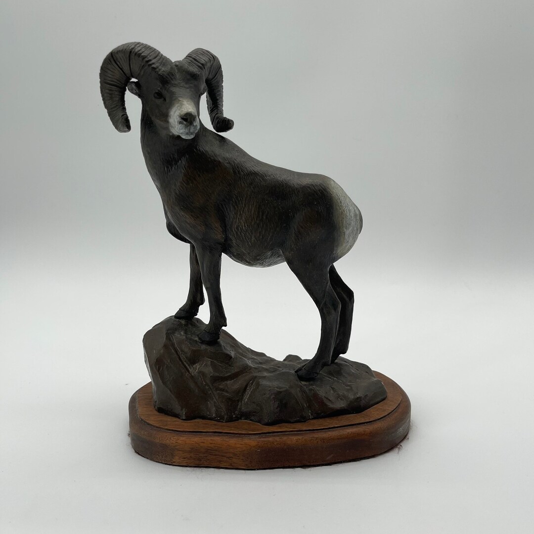 Bronze Big Horn Sheep Statue / Vintage Bronze Sculpture on Wooden Base ...