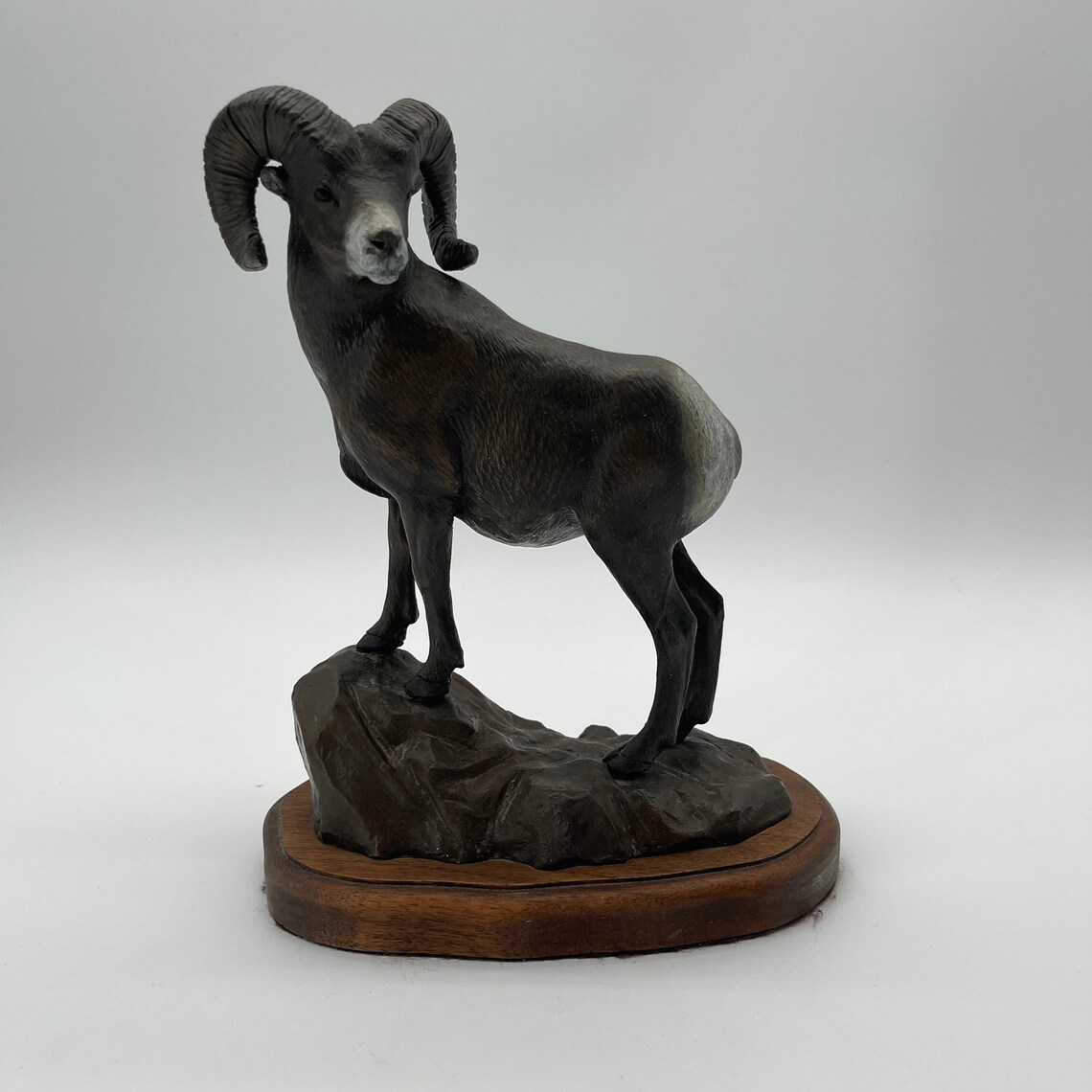 Bronze Big Horn Sheep Statue / Vintage Bronze Sculpture on Wooden Base ...