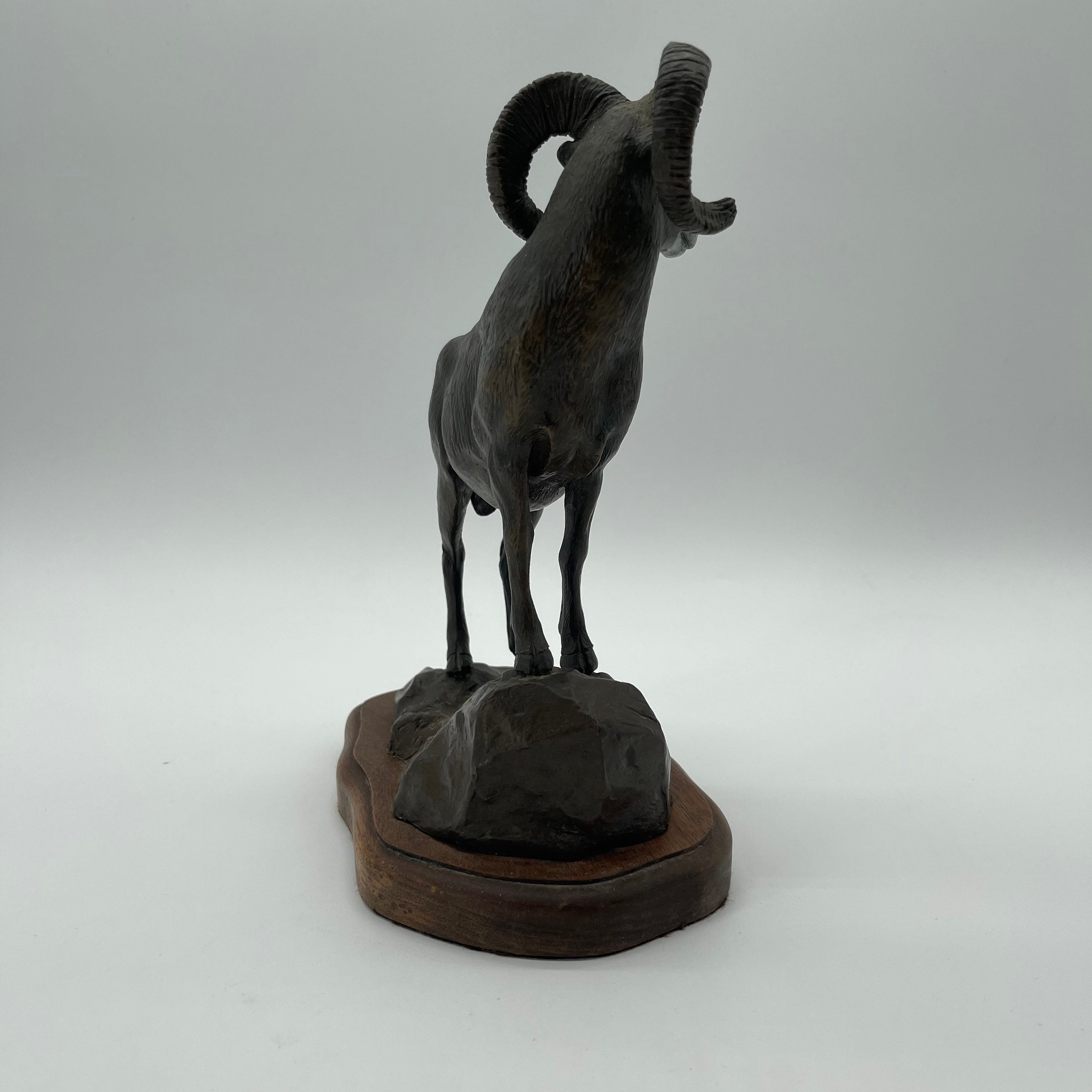 Bronze Big Horn Sheep Statue / Vintage Bronze Sculpture on Wooden Base ...