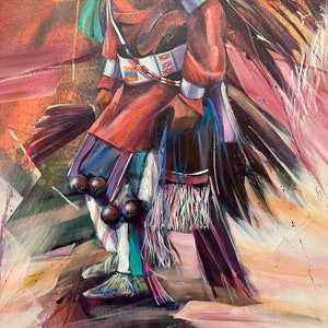 Signed “eagles Spirit” Carlos A Lopez Painting / Large Mixed Media Native American Eagle Dancer ...