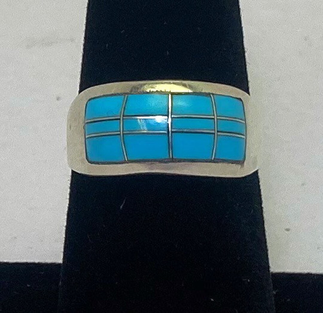 Andrew Dewa Signed Zuni Handmade Sterling Silver and Turquoise Ring / Ring Size 7 1/4 #135 ...