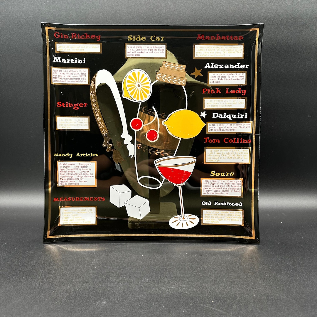 Retro Glass Party Cocktail Serving Tray / Cocktail Recipes Square Tray ...