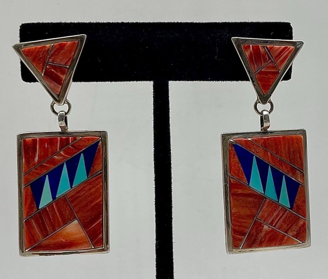 Large Pair of Lorraine Long and Vee Kee Signed Navajo Handmade Sterling ...