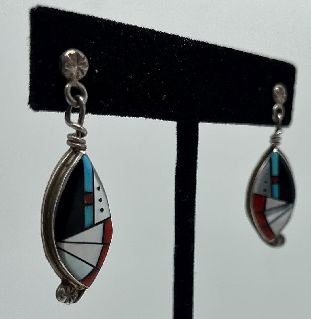 Zuni Earrings / Pair of Small Ola Eriacho Signed Zuni Handmade Sterling ...
