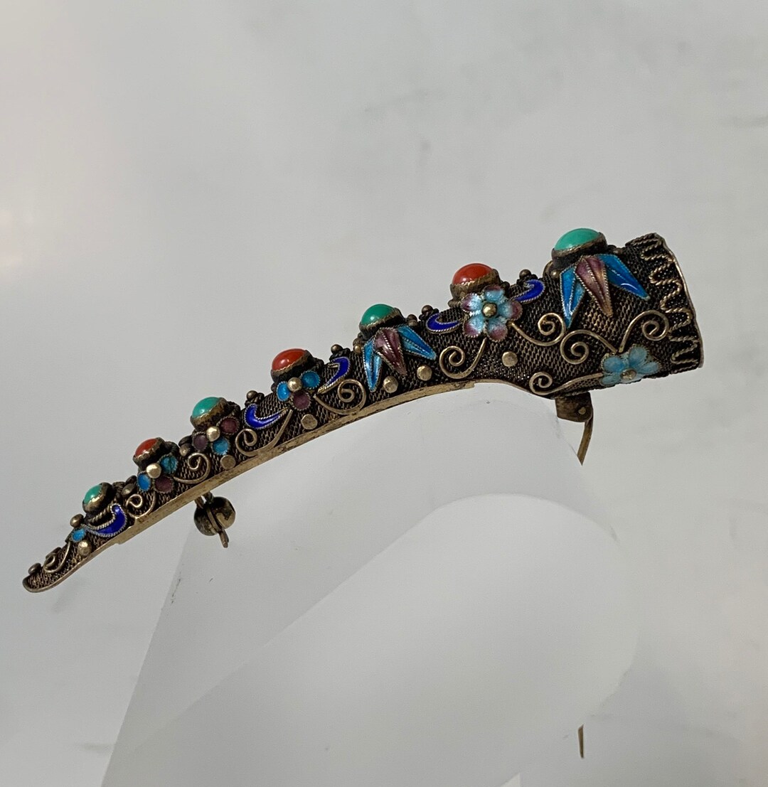 Chinese Enamel Fingertip Cap/ Brooch Pin / Authentic Tibetan Turquoise ...