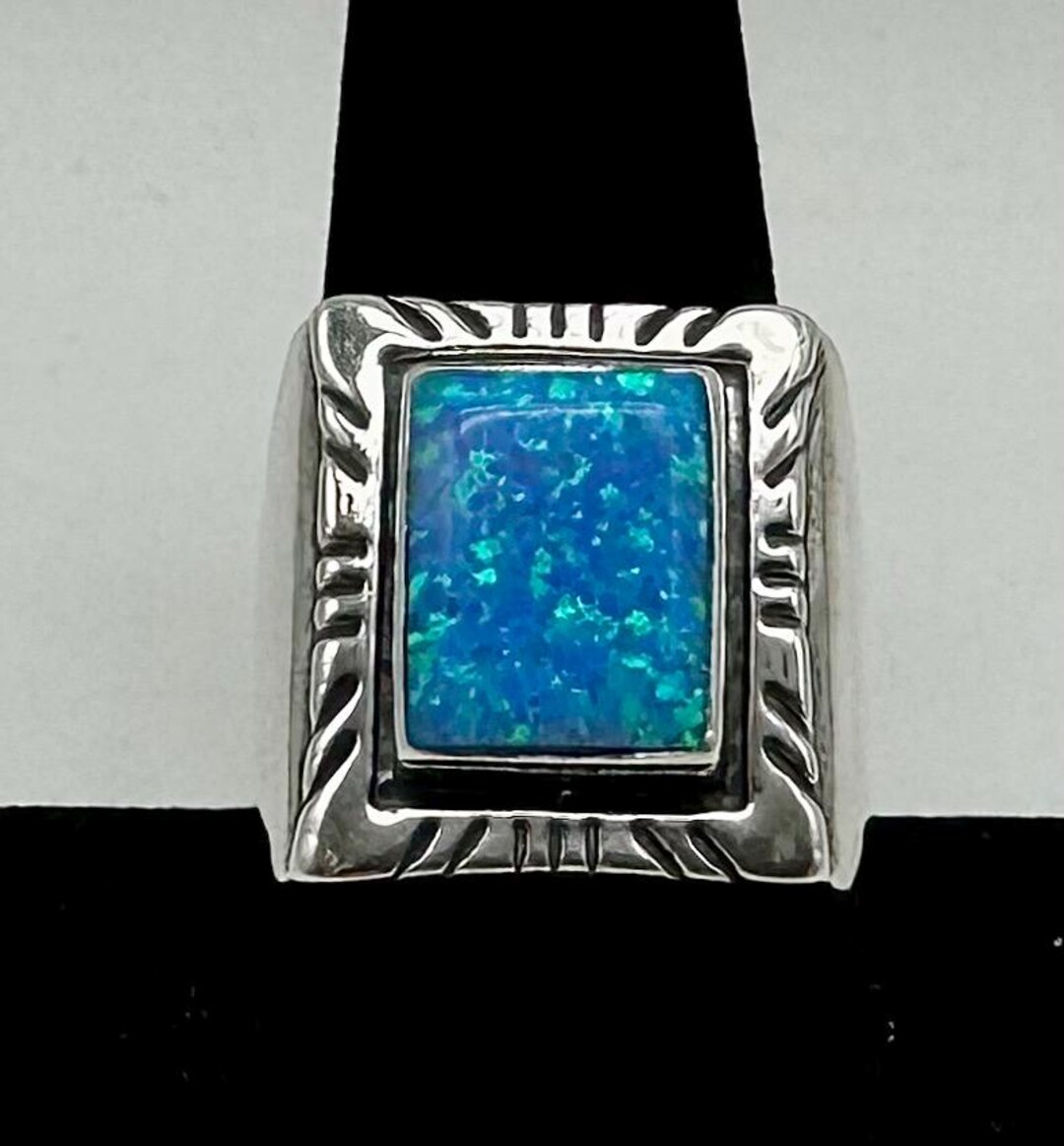 Ted Ott Signed Navajo Handmade Sterling Silver Ring With Large Rectangular Shaped Blue Opal ...