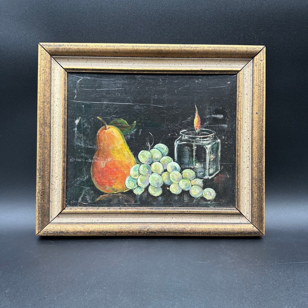 Ruby Hough Signed Still Life Oil on Canvas Painting of Fruit and Candle ...