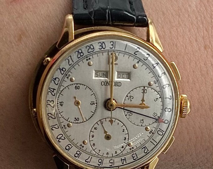 Concord Triple Calendar Chronograph Wrist Watch With 14 Karat Gold Case ...