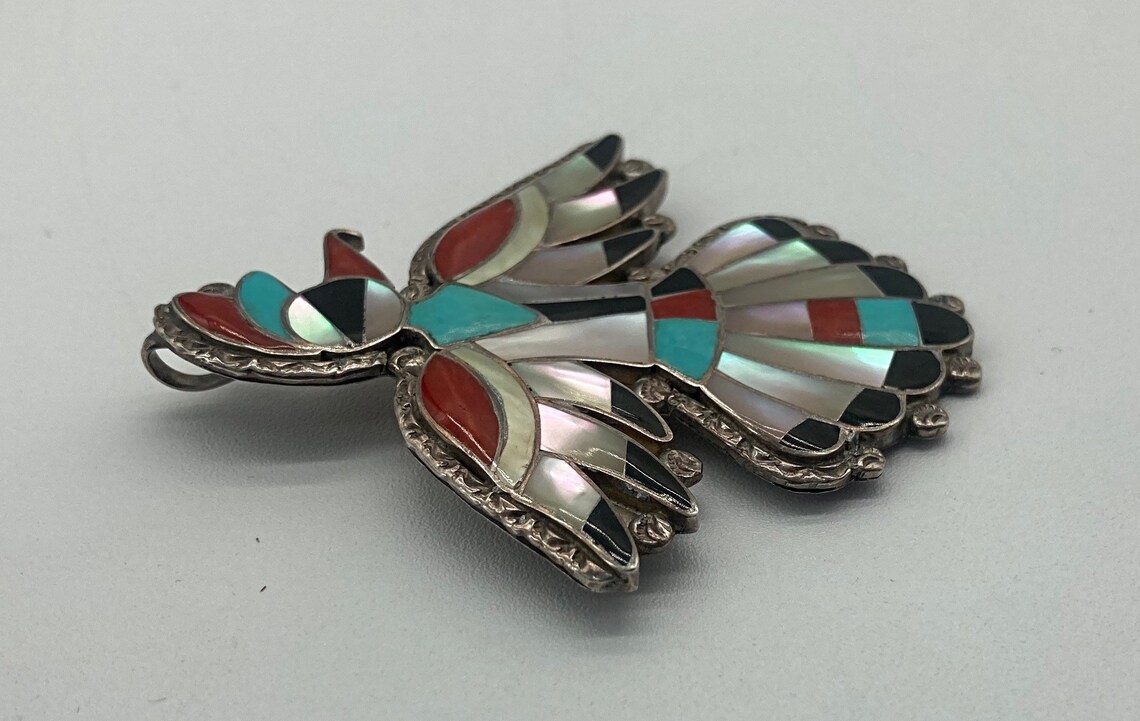 Artist Signed Zuni Handmade Sterling Silver Peyote Bird Pin / Pendant ...