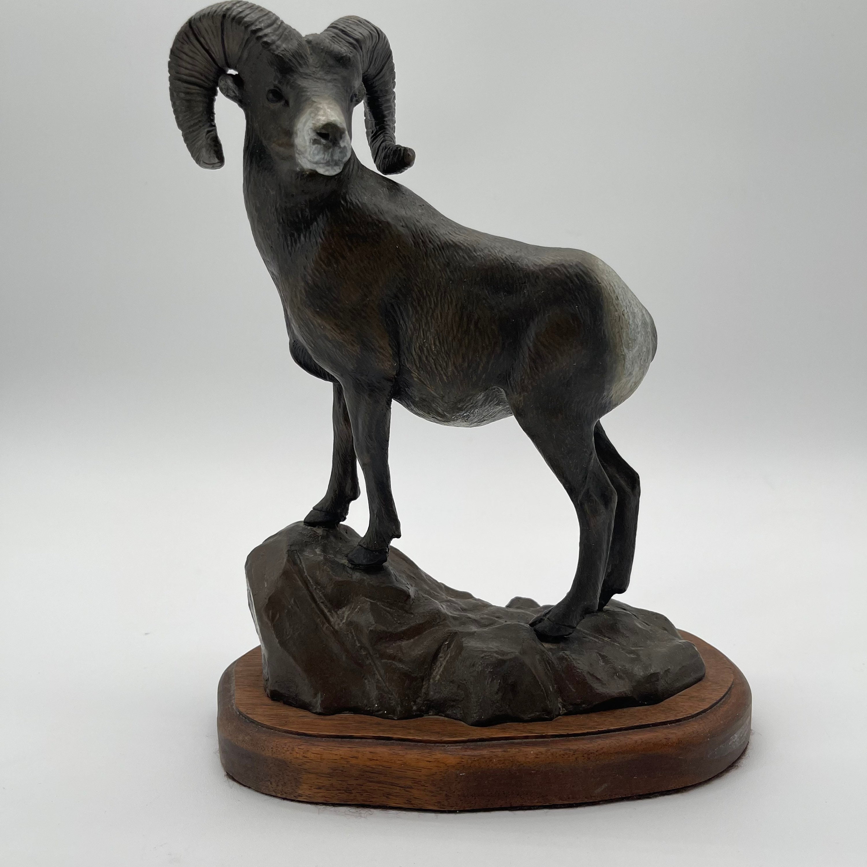 Bronze Big Horn Sheep Statue / Vintage Bronze Sculpture on Wooden Base ...