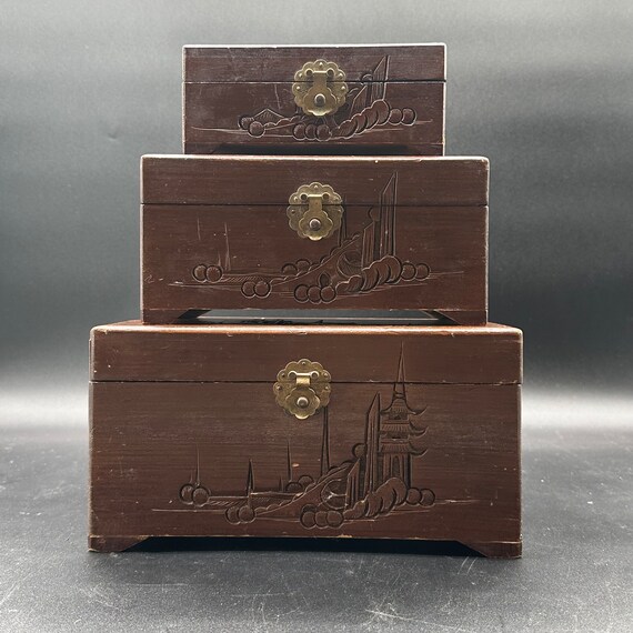 Vintage Asian Wooden Carved Nesting Boxes / Set of 3 … - Gem