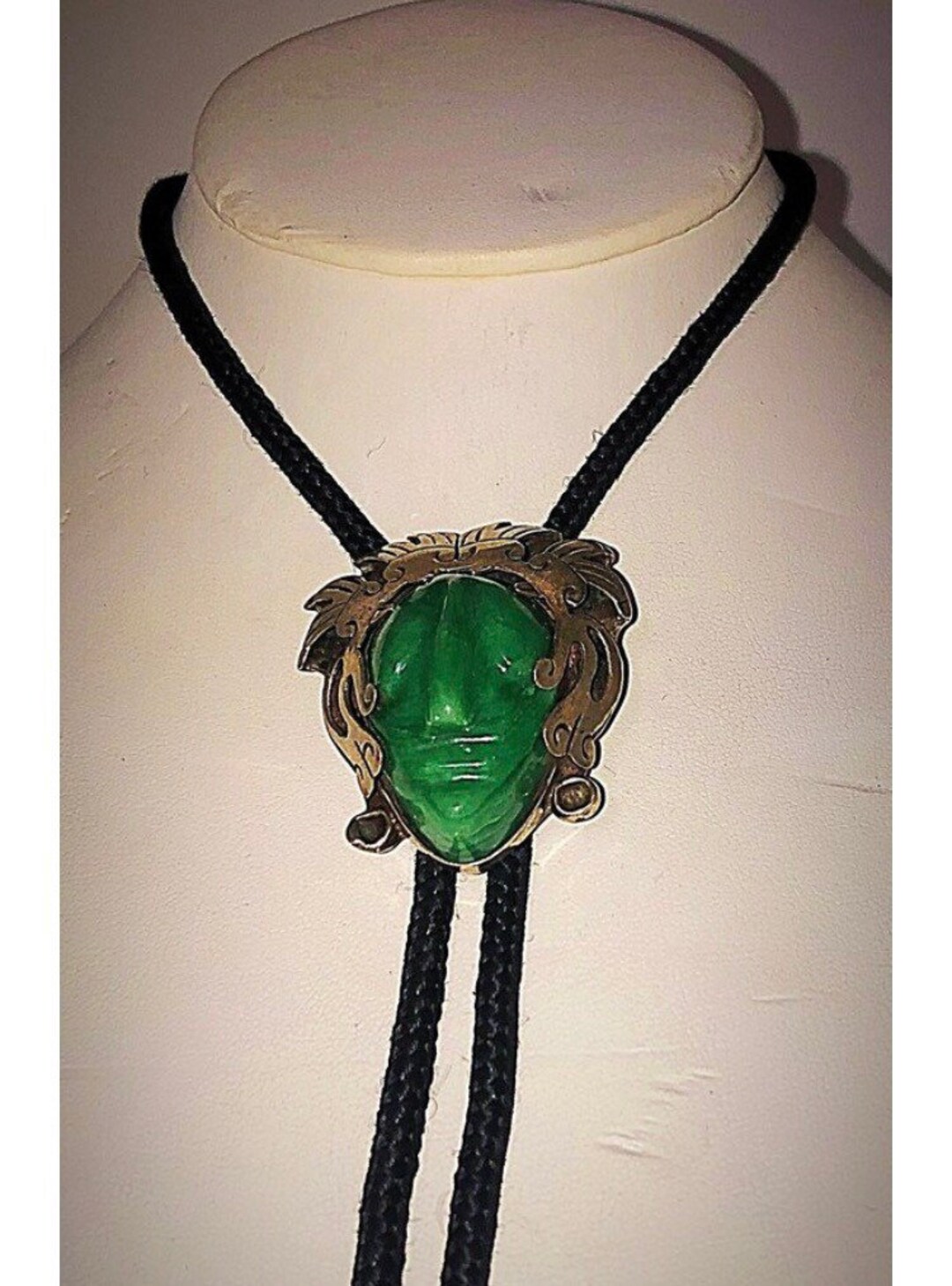 Artist Signed Sterling Silver Taxco Bolo Tie With Carved Green Onyx ...