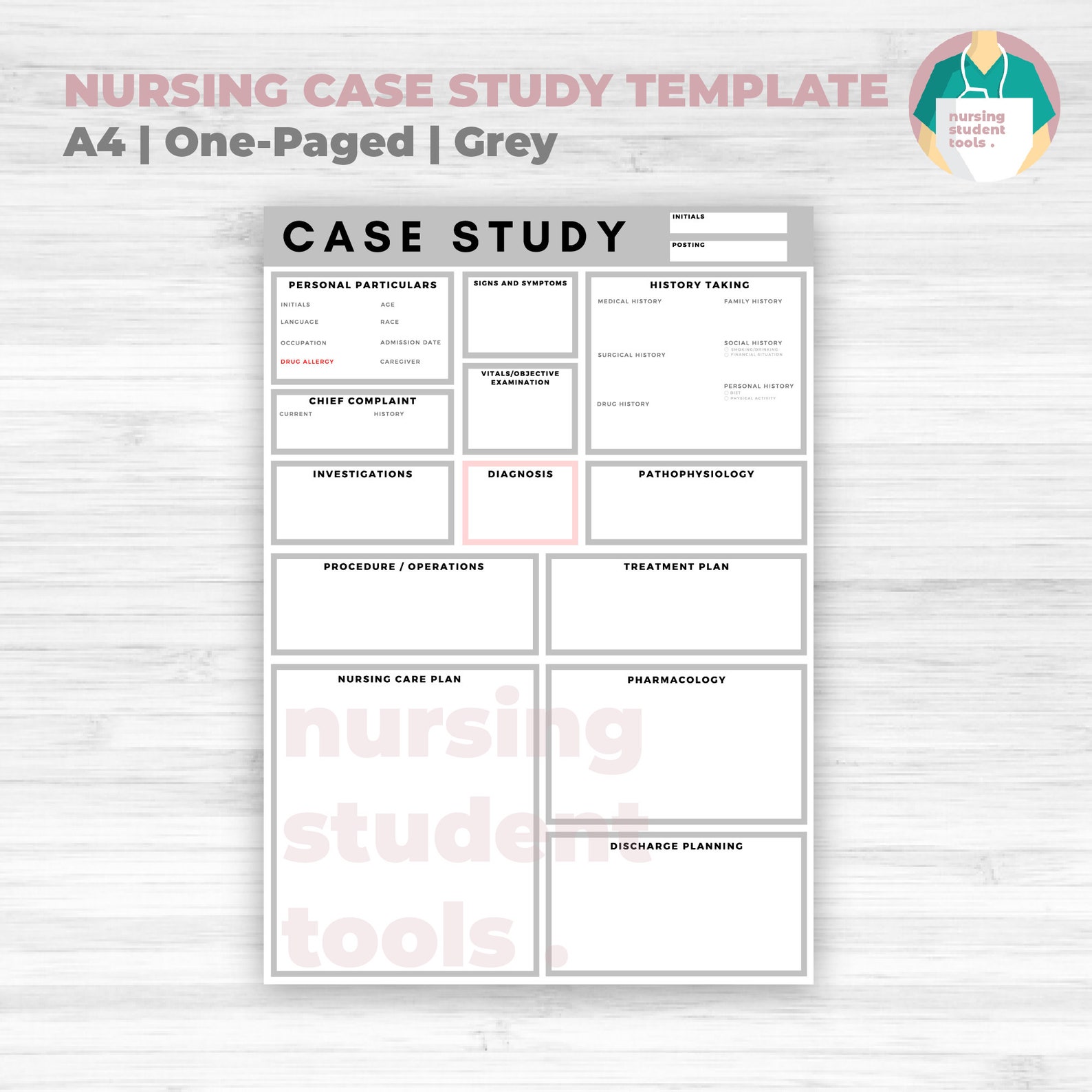 Nursing Case Study Template GREY | A4 | One-paged | Digital | Printable ...