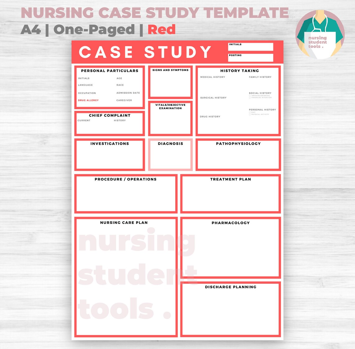 Nursing Case Study Template RED | A4 | One-paged | Digital | Printable ...