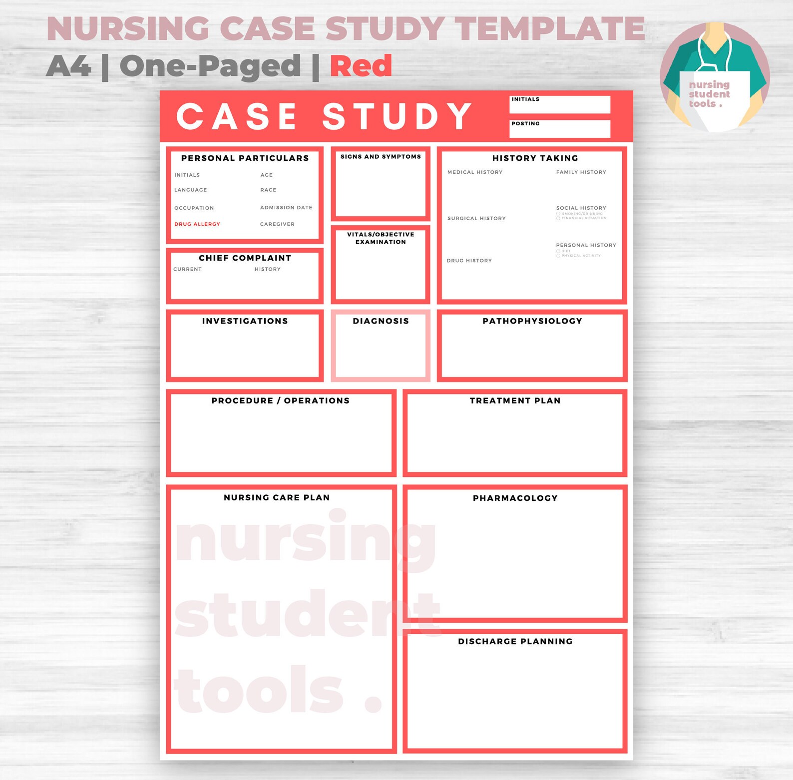 Nursing Case Study Template RED | A4 | One-paged | Digital | Printable ...