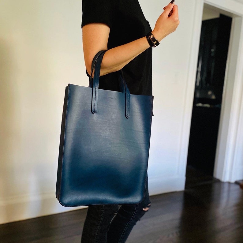 Leather Tote Bag, Midnight Blue - Etsy
