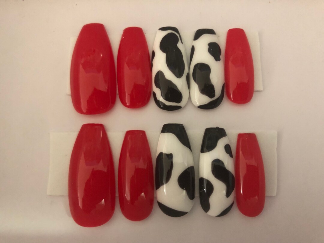 Red With Black and White Cow Print Press on Nails. - Etsy