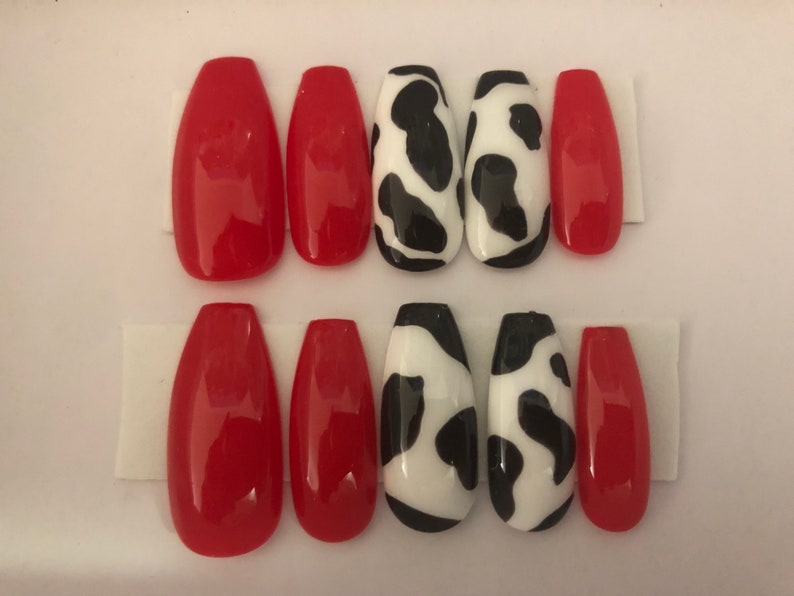 Red With Black and White Cow Print Press on Nails. - Etsy