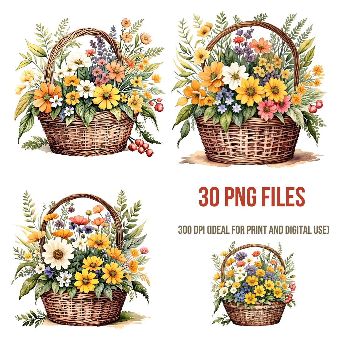 Rustic Wildflower Basket Clipart Bundle: 30 High-res PNG Illustrations ...