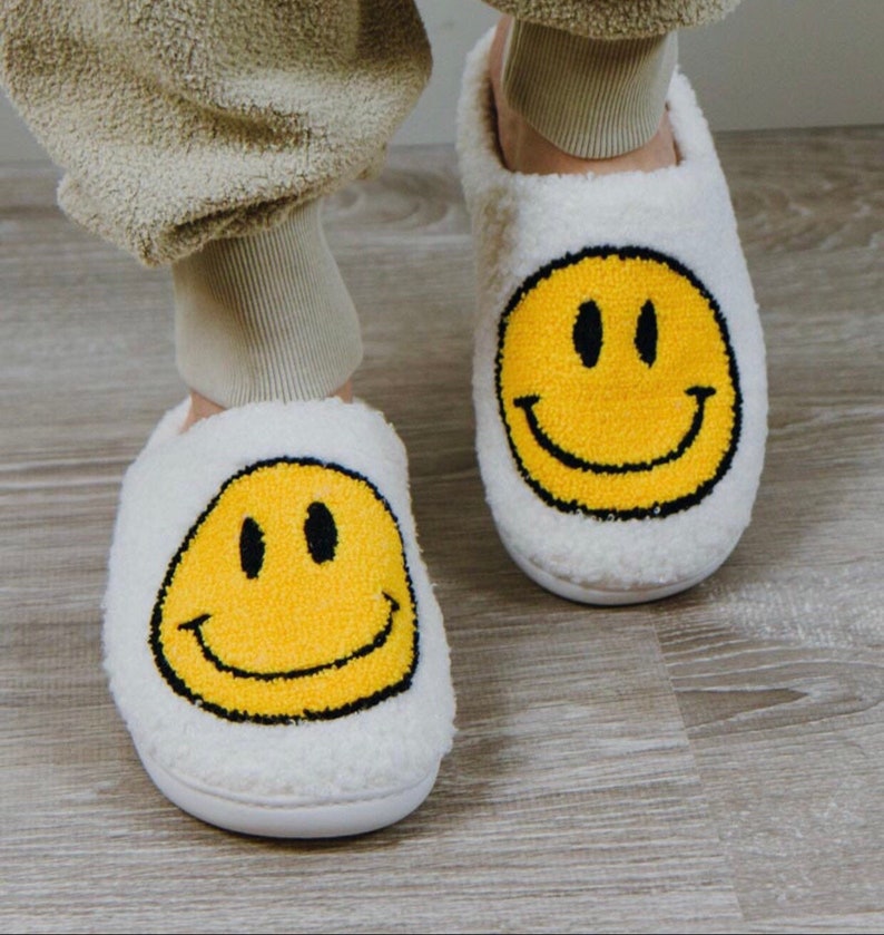 Big Smiley Face Slippers Unisex Fluffy Faux Fur Cotton Etsy