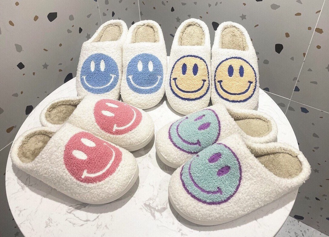 Big Smiley Face Slippers Unisex Fluffy Faux Fur Cotton Etsy