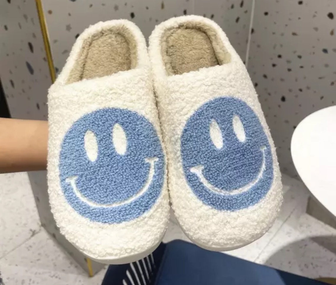 Big Smiley Face Slippers Unisex Fluffy Faux Fur Cotton Etsy