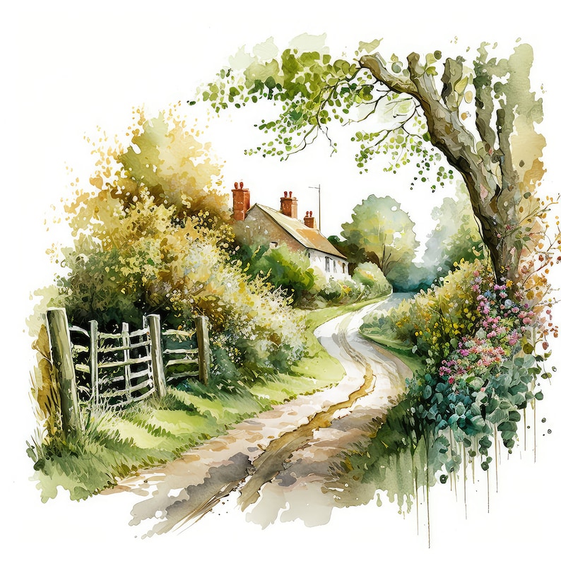 Watercolor Country Lanes Clipart Bundle, Farmhouse Scenery (digital ...