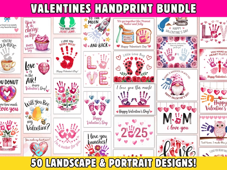 50 Valentines Day Handprint Art Bundle, Preschool Footprint Craft Set ...