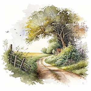 Countryside Country Lane Clipart Bundle, Watercolor - JPG Image Pack ...