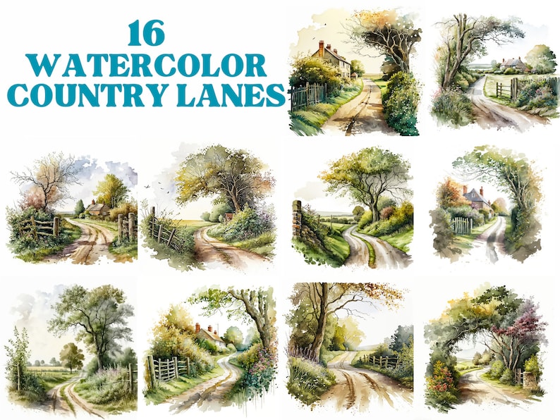Watercolor Country Lanes Clipart Bundle, Farmhouse Scenery (digital ...