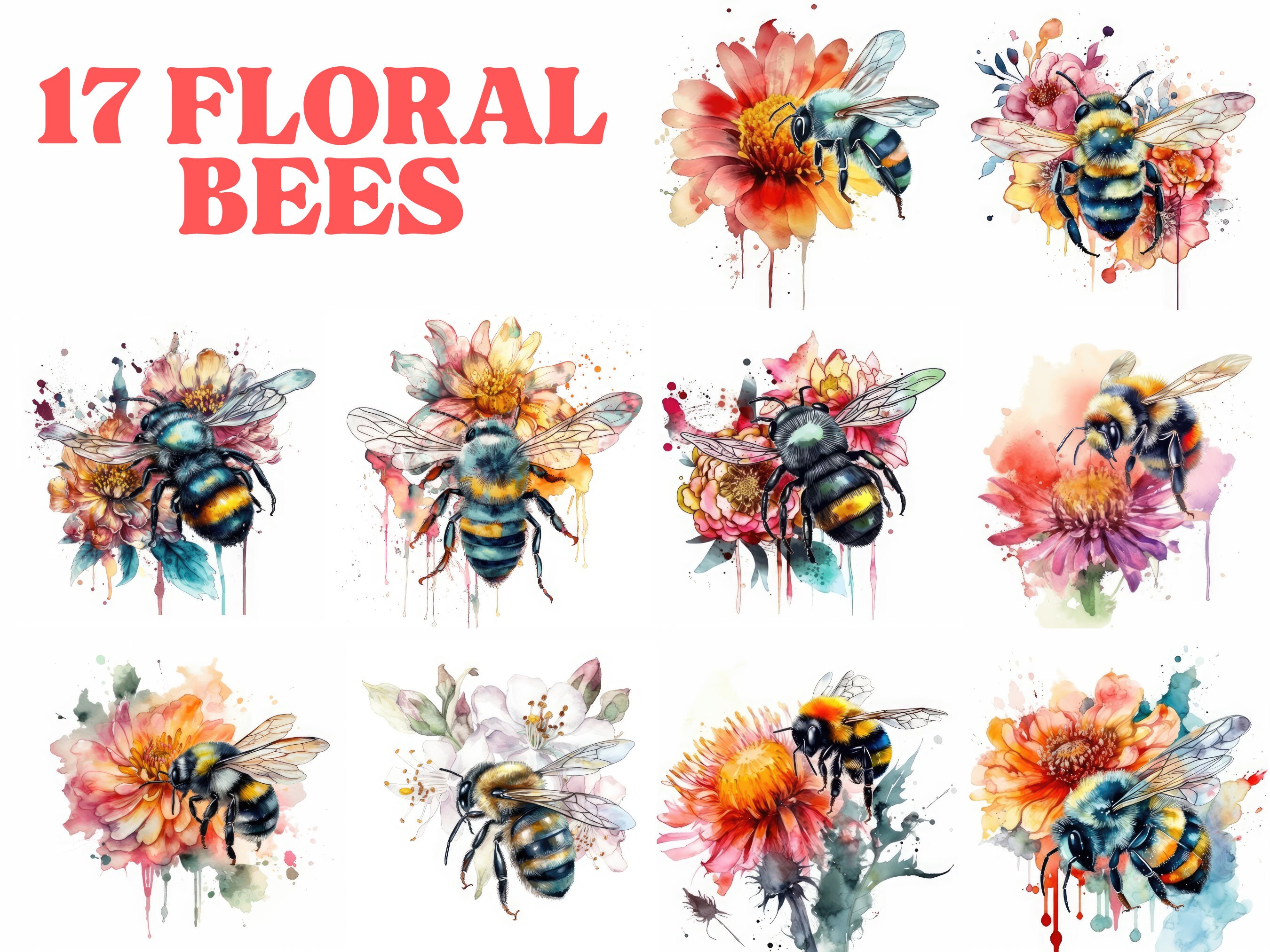 Floral Bees Watercolor Clipart Bundle, Commercial Use (digital Download ...