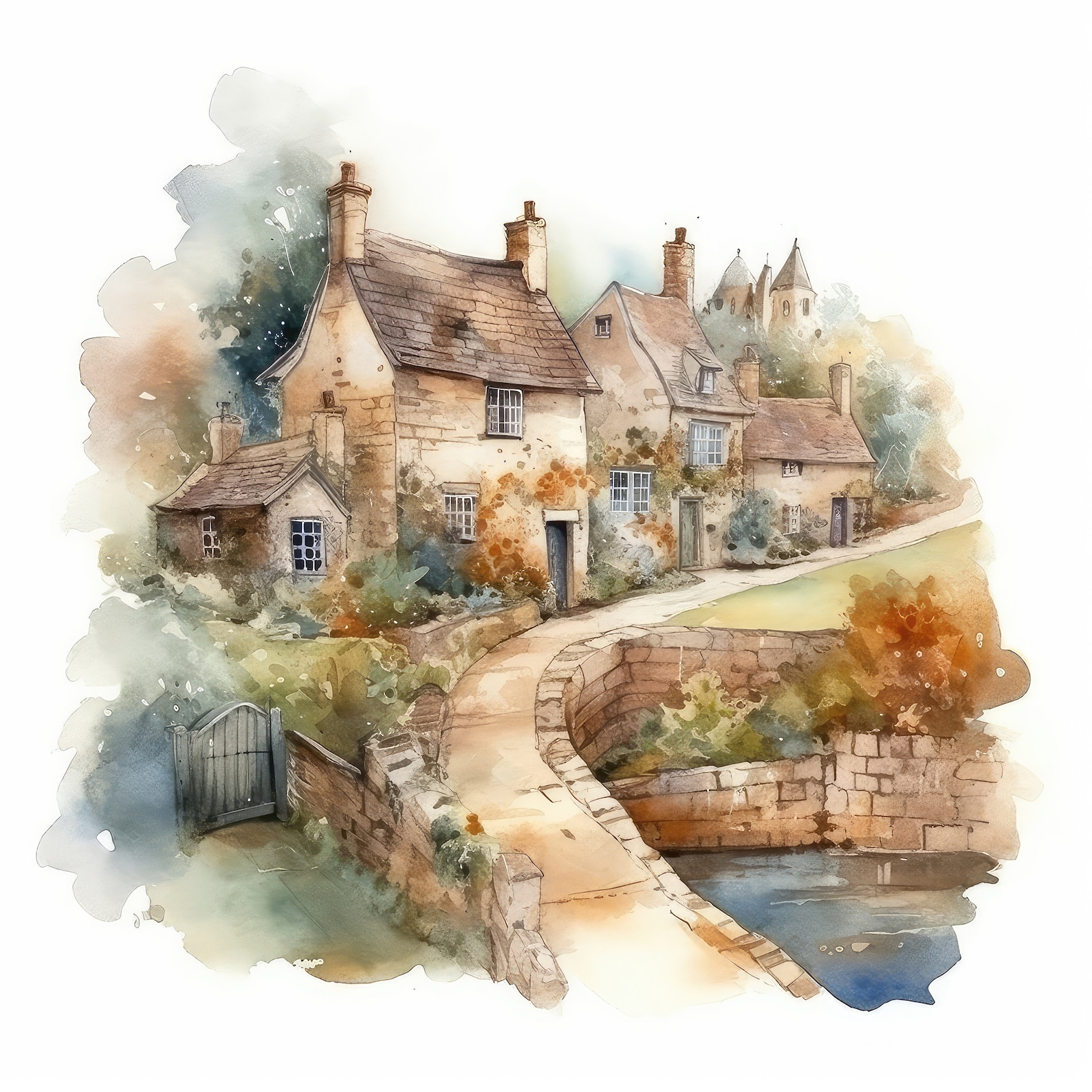 English Village Clipart Bundle, Watercolor - JPG Image Pack, Commercial ...