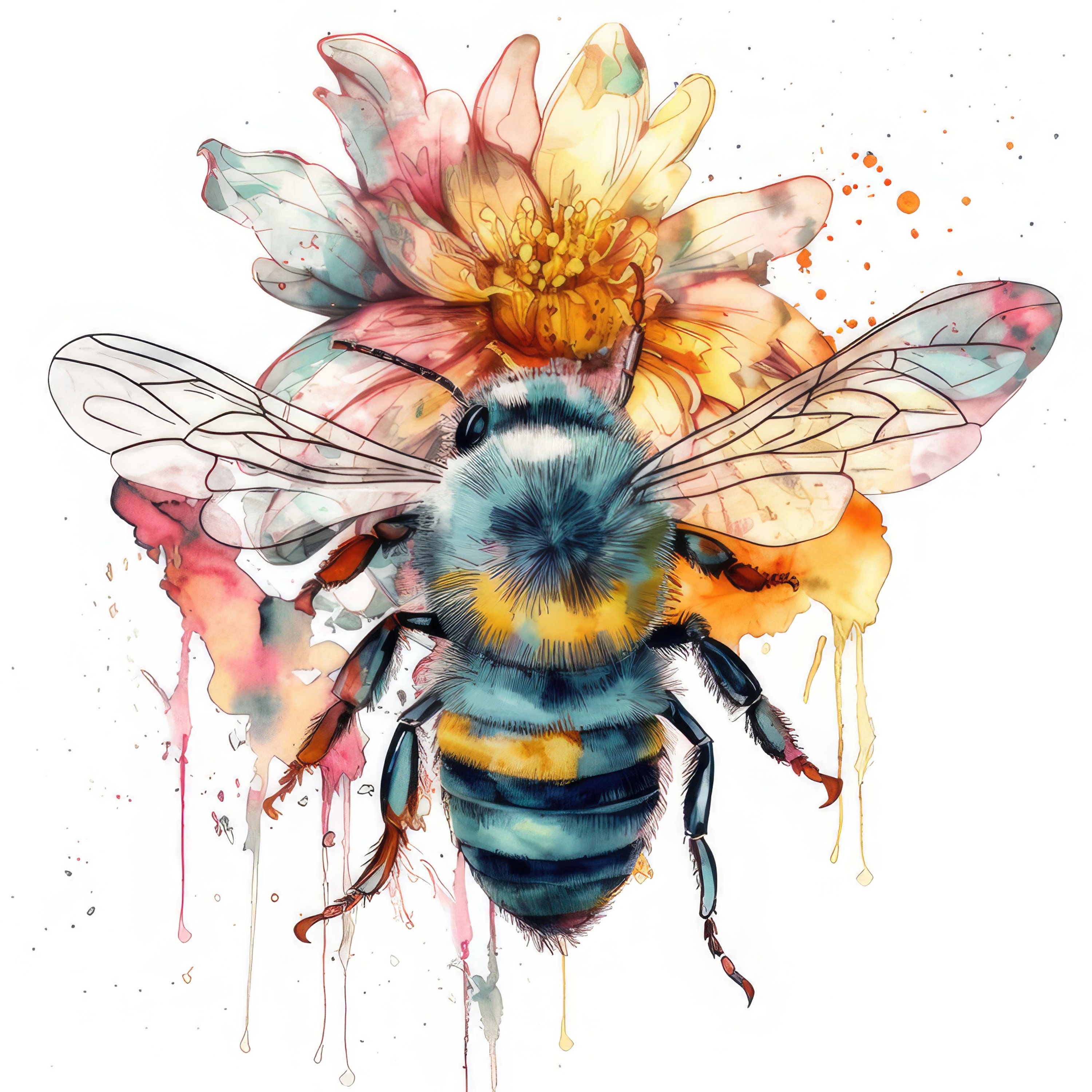 Floral Bees Watercolor Clipart Bundle, Commercial Use (digital Download ...