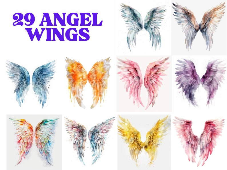 Angel Wings Clipart Bundle, Watercolor - JPG Image Pack, Commercial Use ...