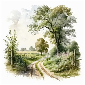 Countryside Country Lane Clipart Bundle, Watercolor - JPG Image Pack ...