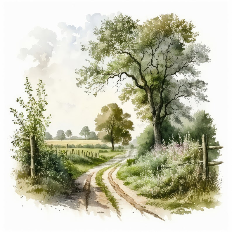 Watercolor Country Lanes Clipart Bundle, Farmhouse Scenery (digital ...