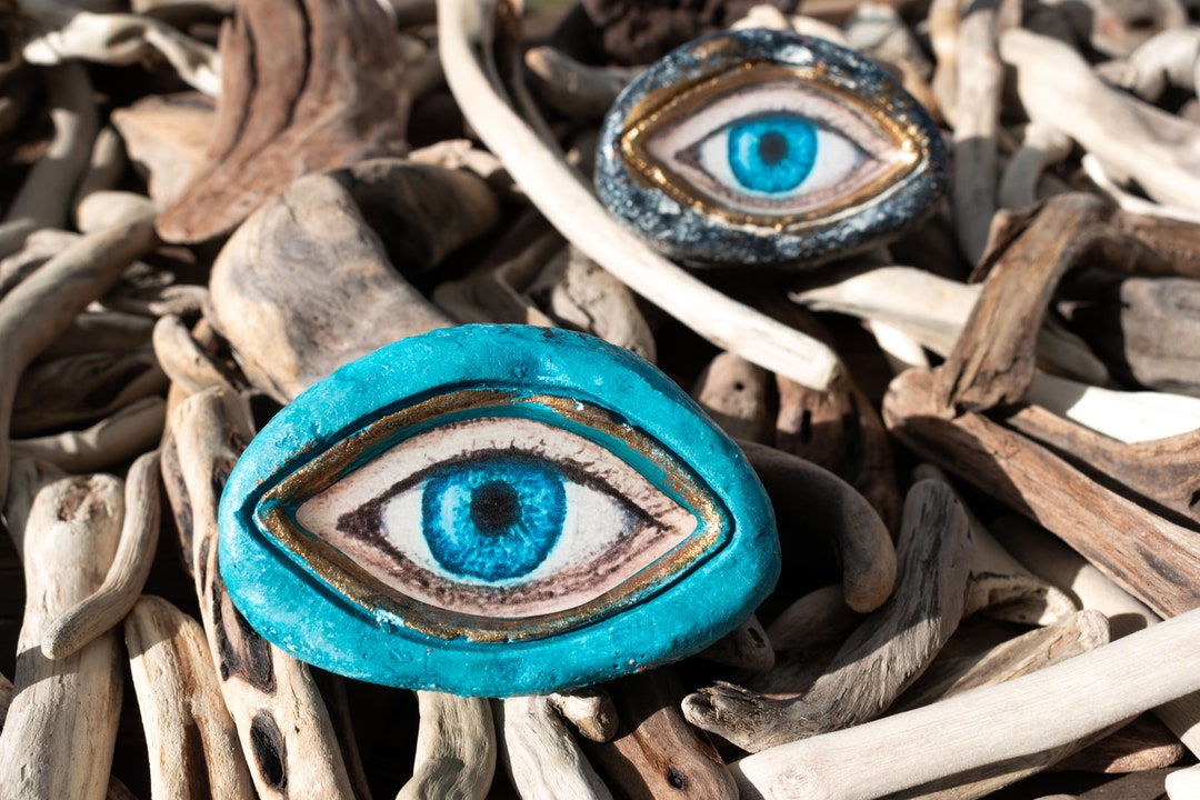 Handmade Ceramic Tabletop Eye Sculpture, Blue and Dark Brown Evil ...