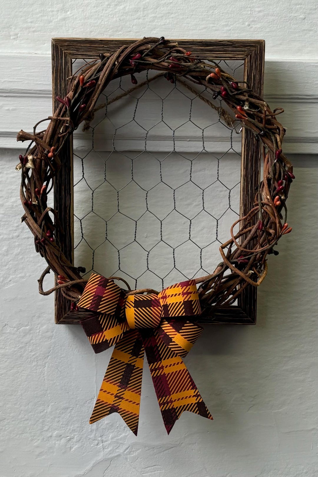 Wreath on Picture Frame With Wire Backing/ Vine/ Autumn/ Rustic Indoor ...