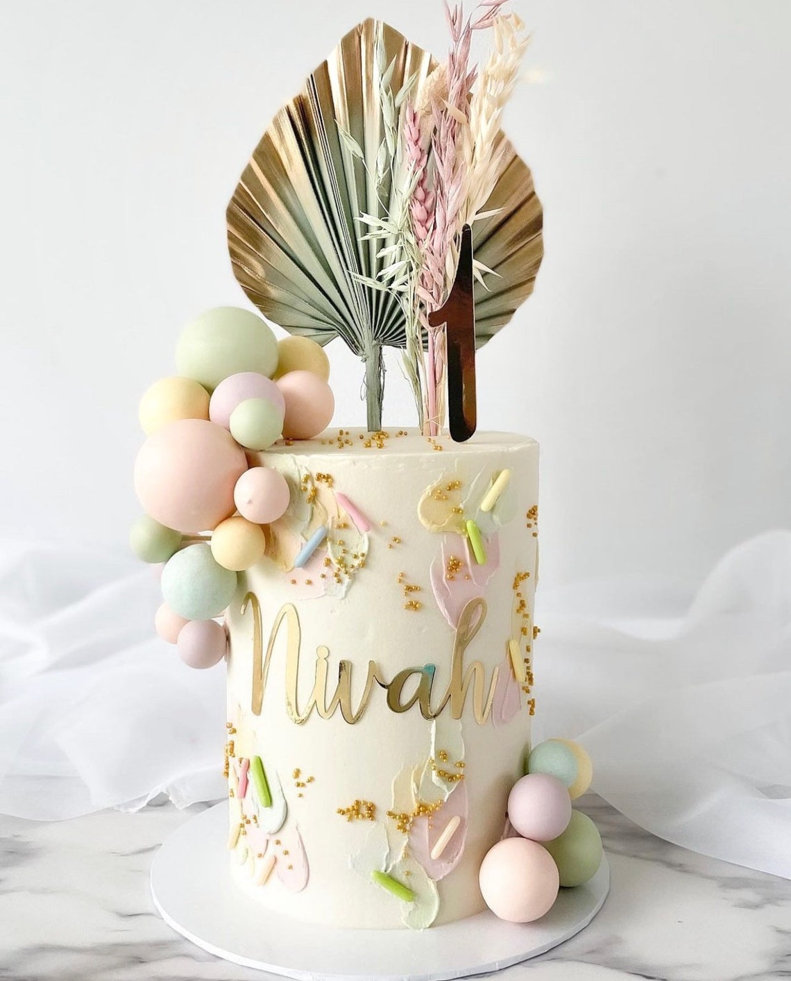 Sage Gold and Pink Dried Flower Cake Topper Palm Spear - Etsy