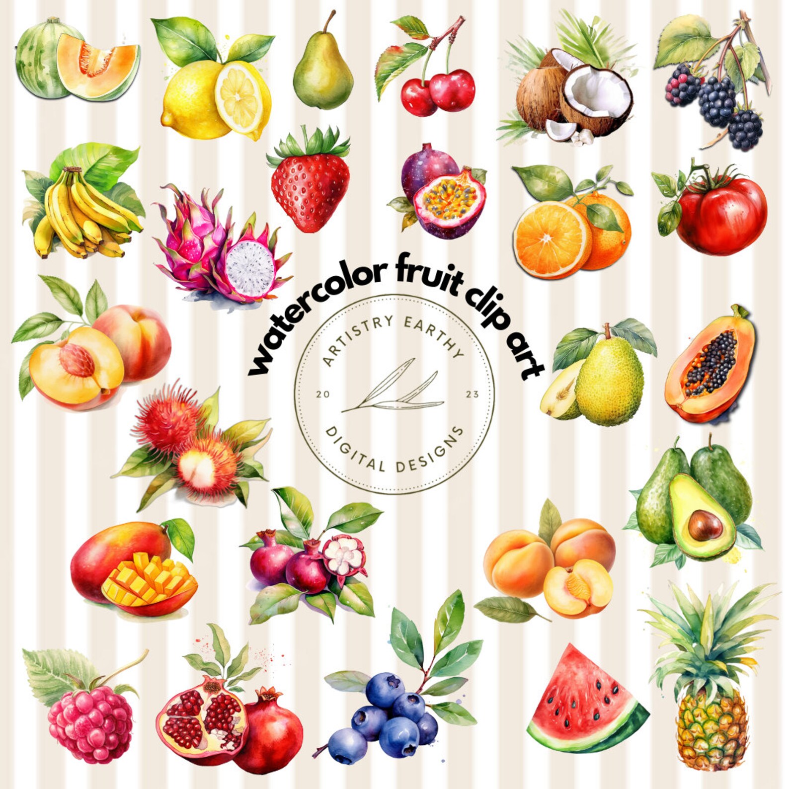 Fruit Clipart PNG Set, 25 Fruit Clipart, Commercial Use Clip Art ...