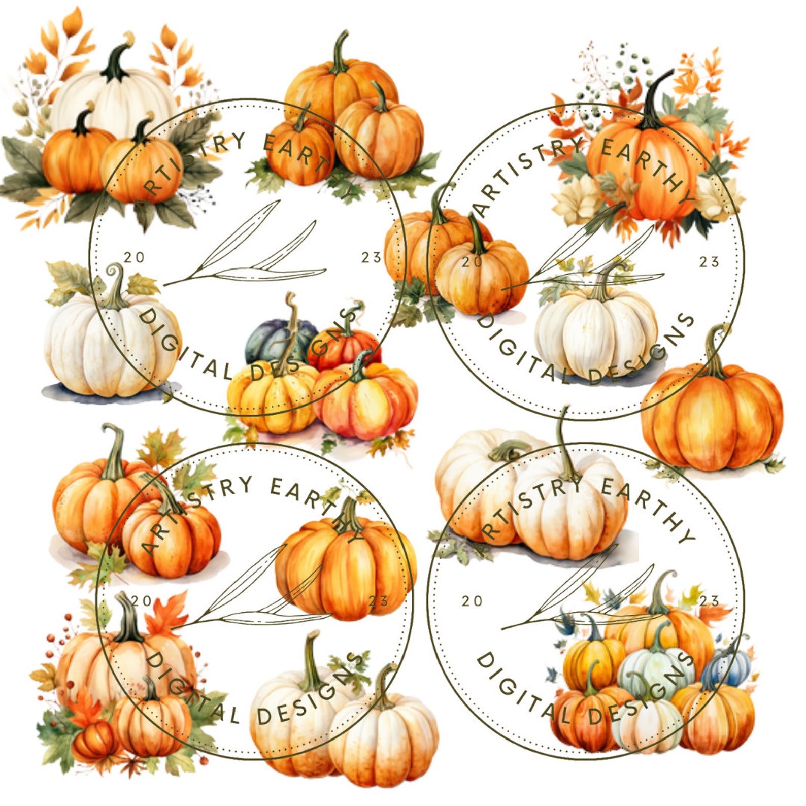 Pumpkin Clipart PNG Set, Bohemian Pumpkins Clipart, Commercial Use Clip ...
