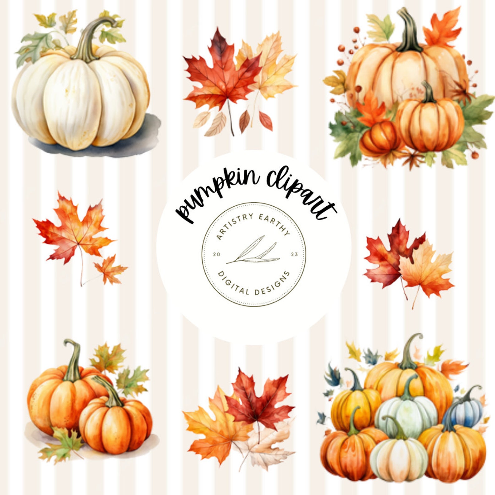 Pumpkin Clipart PNG Set, Bohemian Pumpkins Clipart, Commercial Use Clip ...