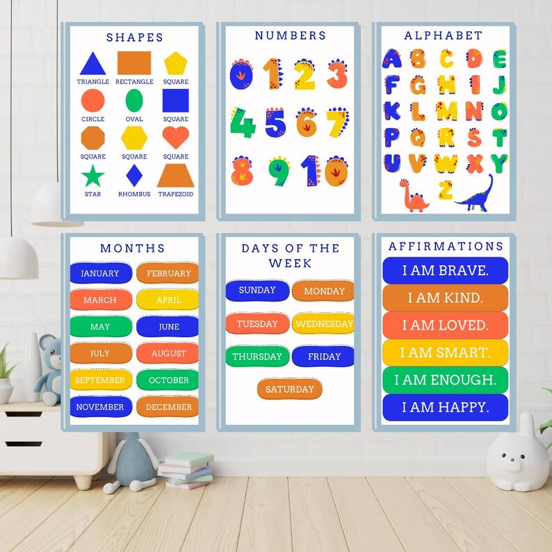 Dinosaur Learning Posters, Shapes, Alphabet, Affirmations, Months, Days ...